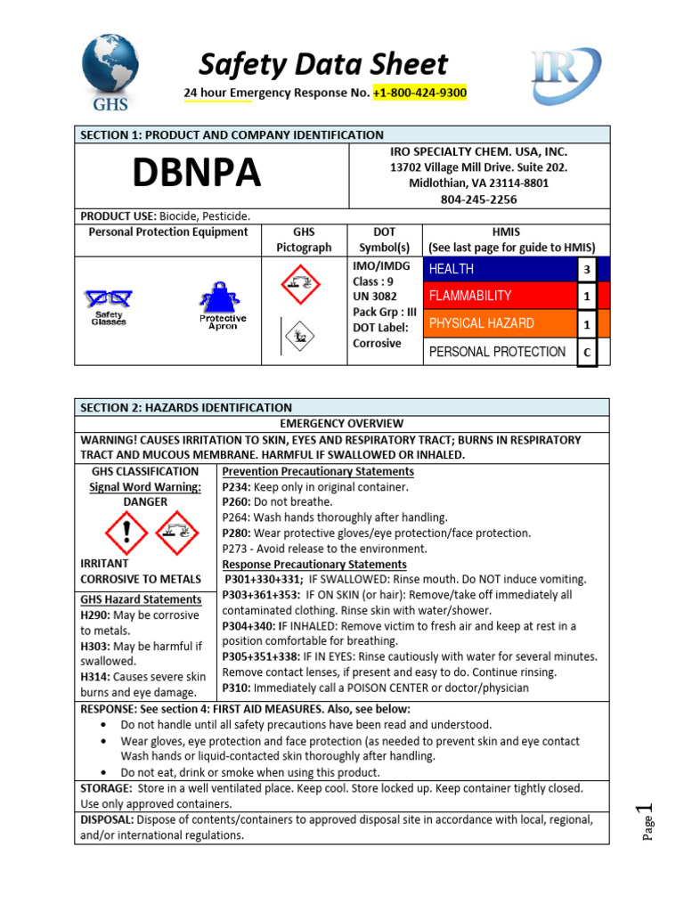 Dbnpa Biocide Msds | PDF | Toxicity | Personal Protective Equipment