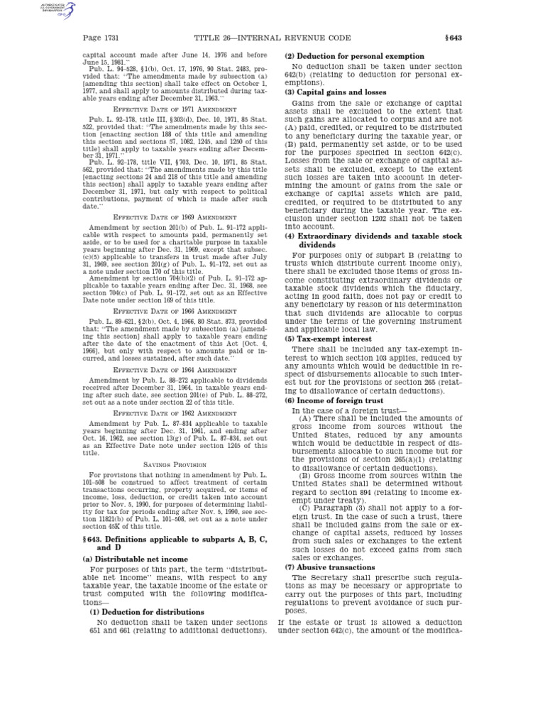 USCODE 2021 Title26 Subtitlea Chap1 Subchapj Parti Subparta Sec643 | PDF | Tax Deduction | Income