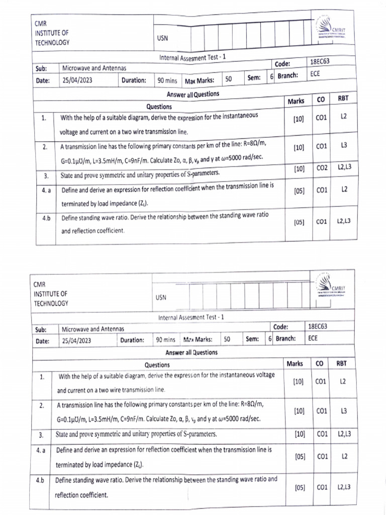 IAT-I Question Paper With Solution of 18EC63 Microwaves and Antennas ...