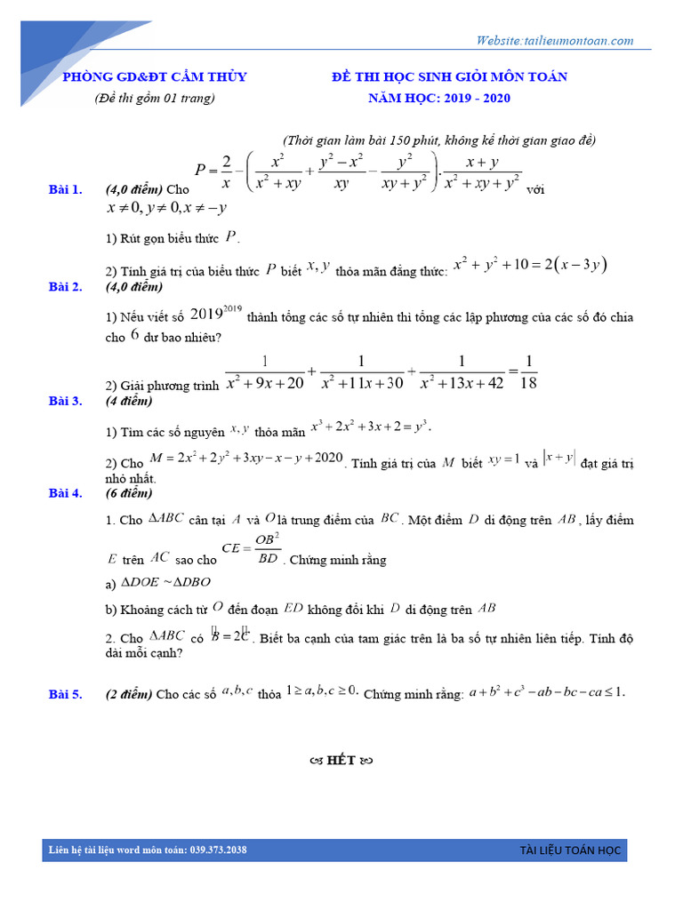 Toan 8 HSG 2019 2020 PGD Cam Thuy Toan THCS VN | PDF