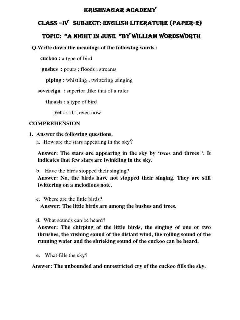 Class IV English Questions and Answers of The Poem A Night in June by ...