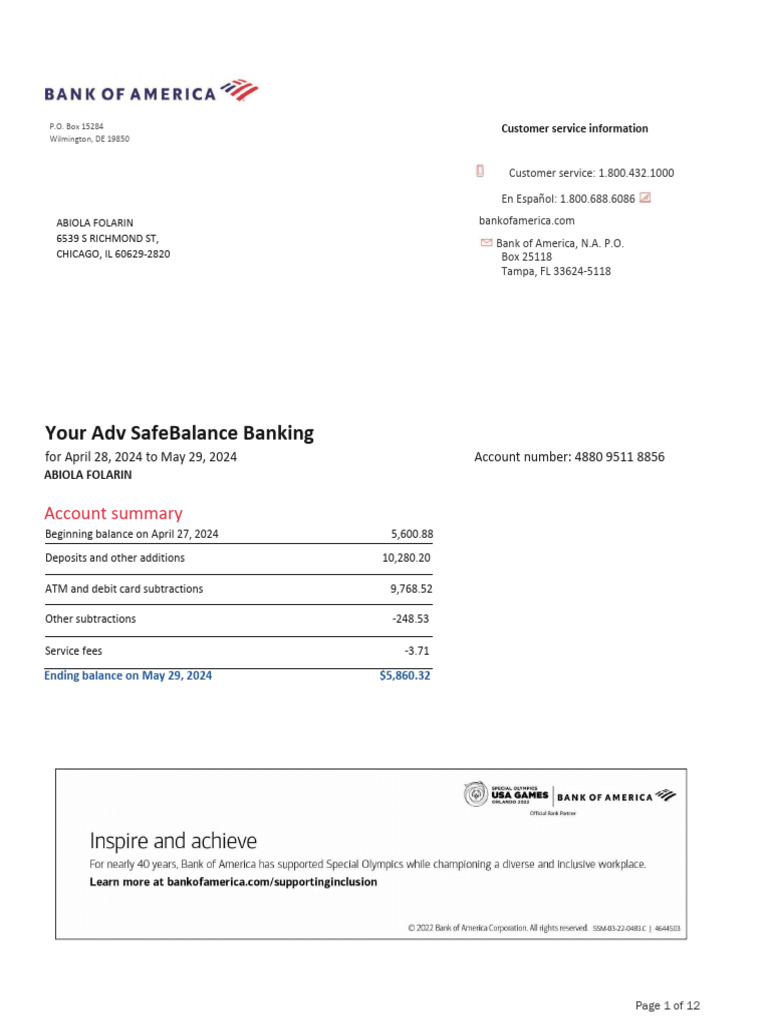 Abiola Folarin Apr 28 - May 29 BOA Bank Statement | PDF | Credit Card ...