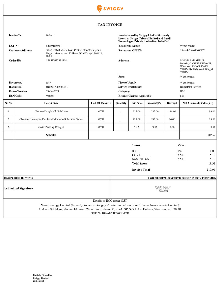 Swiggy Tax Invoice for Wow! Momo | PDF | Invoice | Taxation