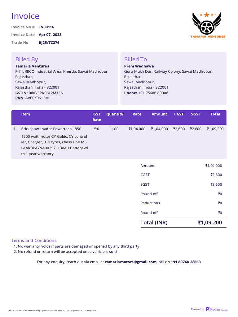 Invoice for Erickshaw Loader Purchase | PDF | Payments | Economy Of India