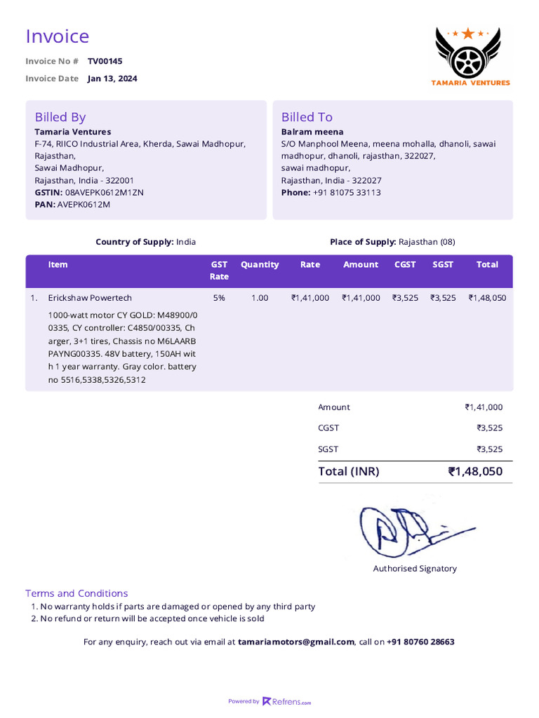 Invoice Tv00145 Tamaria Ventures Balram Meena | PDF