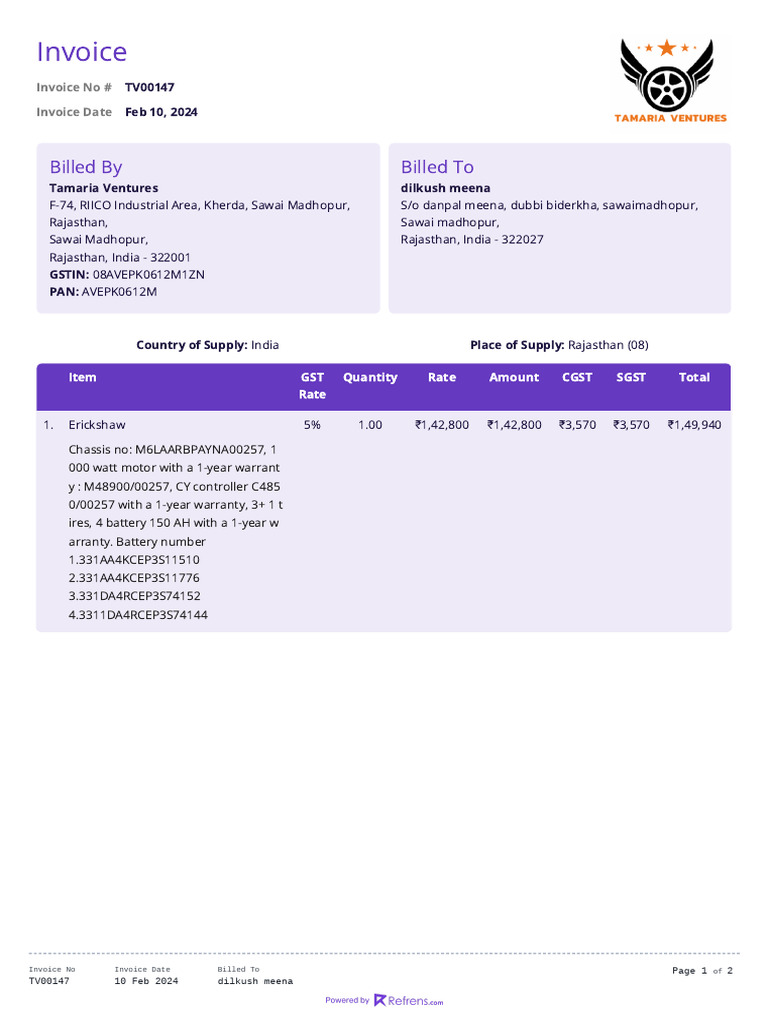 Invoice Tv00147 Tamaria Ventures Dilkush Meena | PDF | Sales | Government Finances
