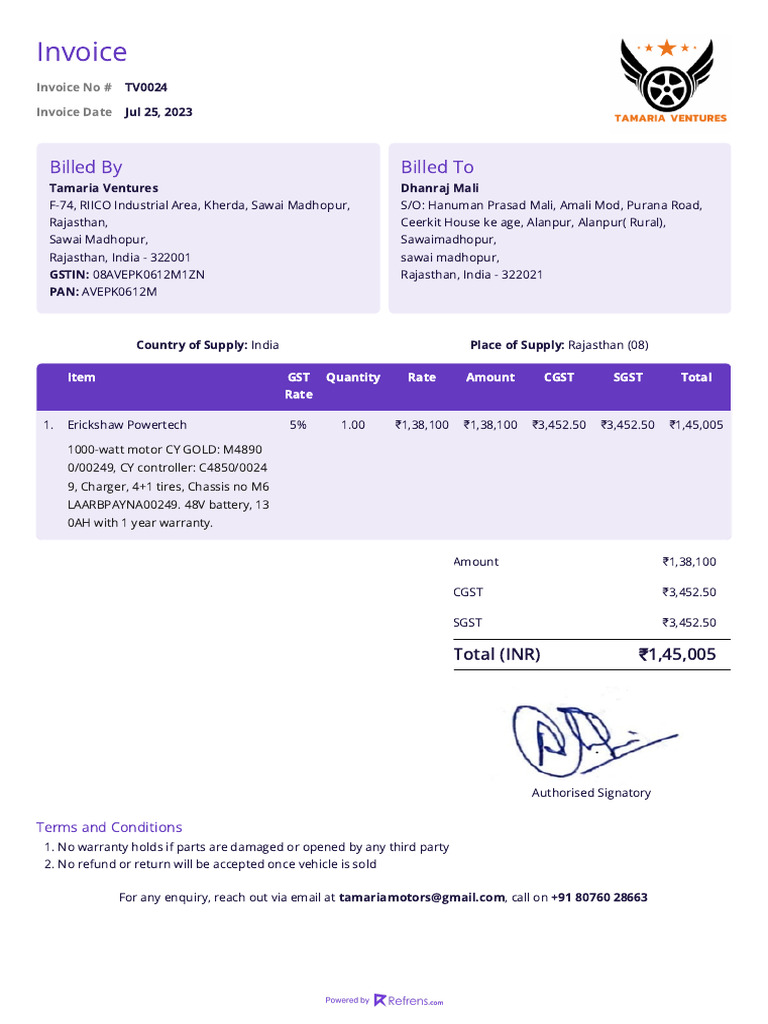 Invoice Tv0024 Tamaria Ventures Dhanraj Mali | PDF