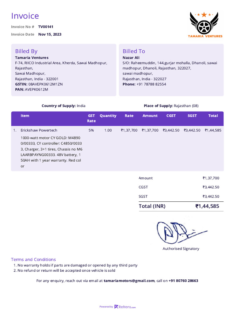 Invoice Tv00141 Tamaria Ventures Nazar Ali | PDF