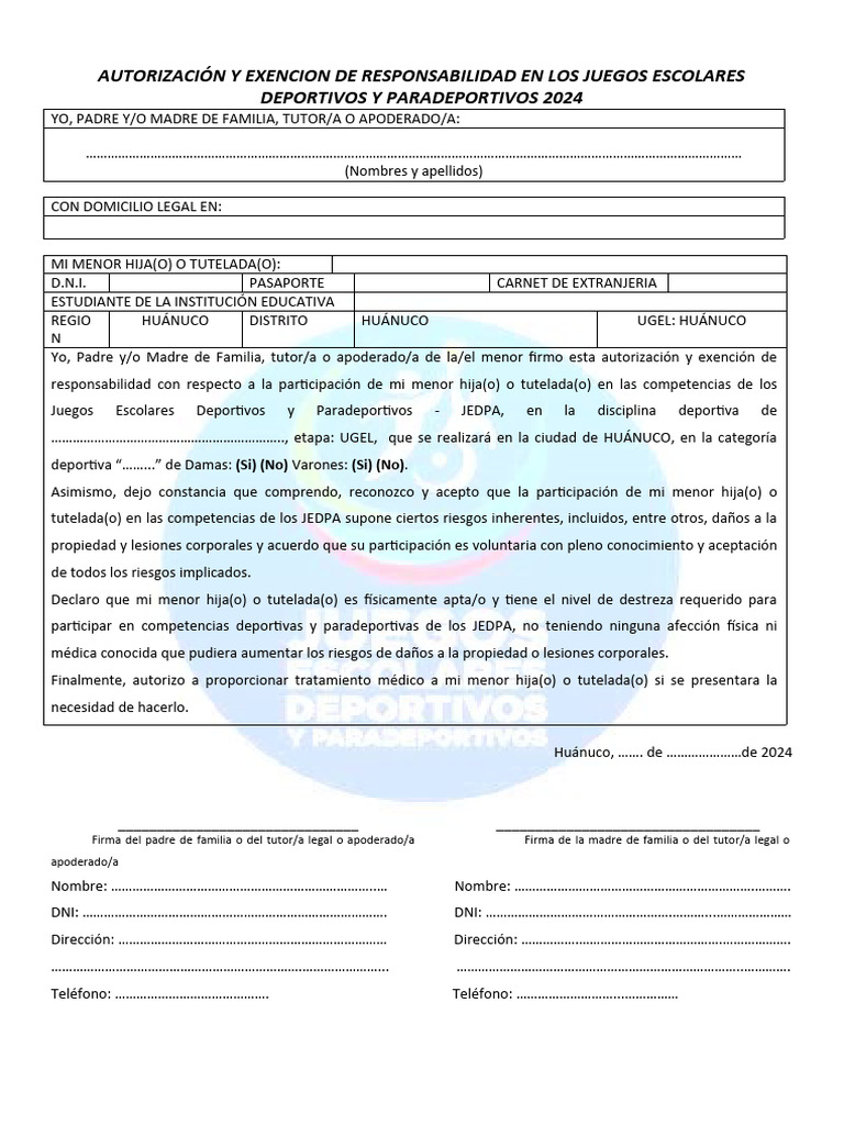 Autorización de Padres de Familia JNDE 2024 | PDF