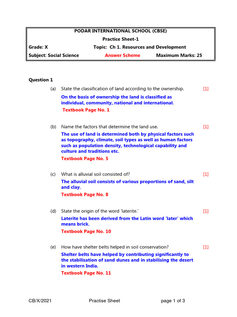 AS - CBSE - X - SS - CH 1 Resources and Development - Practise Sheet - 1 | PDF | Soil | Resource