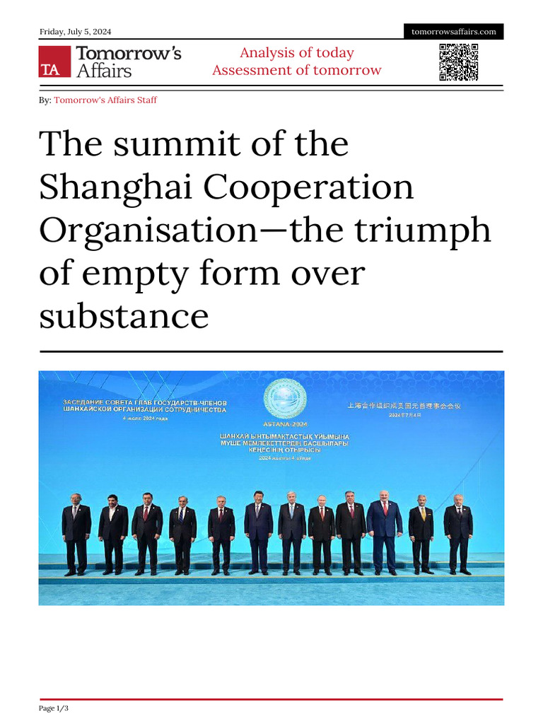 The Summit of The Shanghai Cooperation Organisation The Triumph of ...