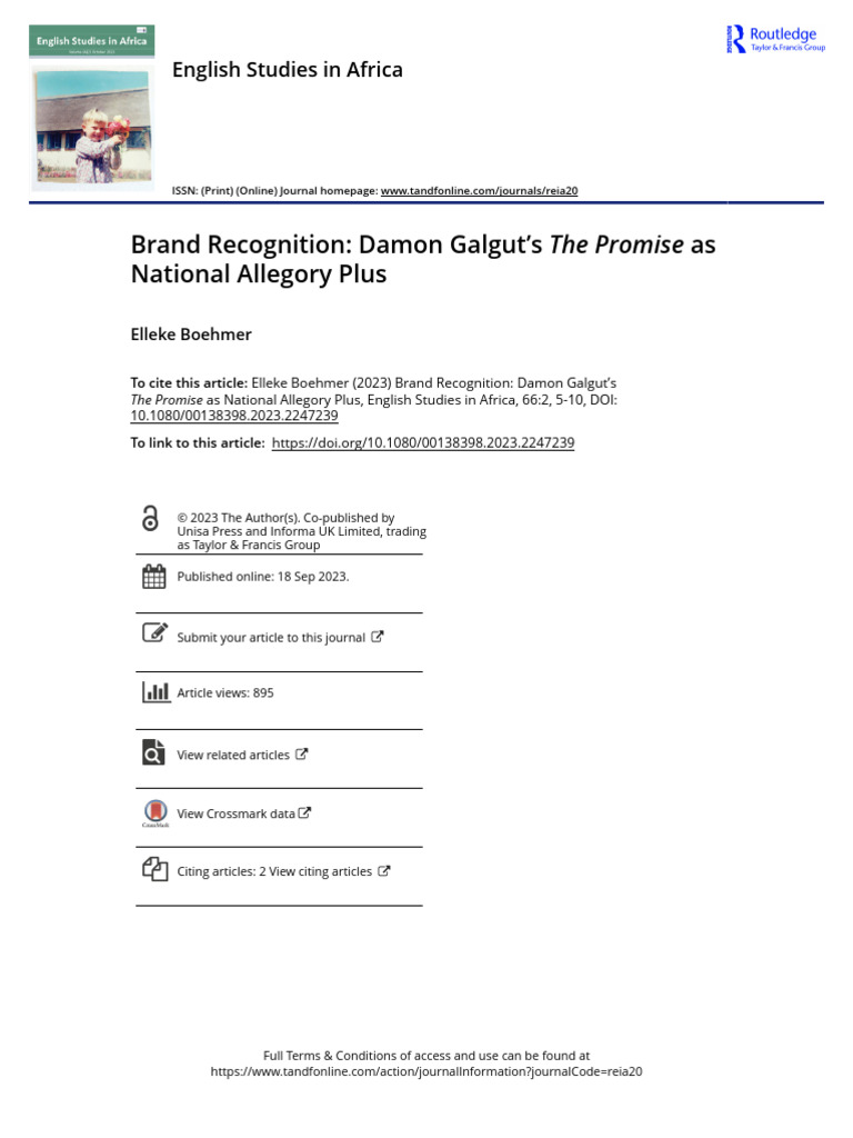 01-Brand Recognition - Damon Galgut - S The Promise As National Allegory Plus | PDF