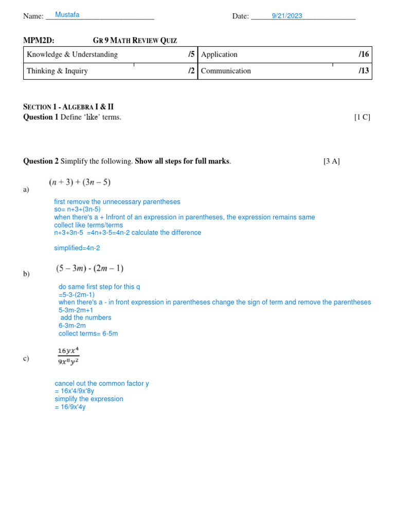 Grade 9 Math Review Quiz | PDF | Equations | Line (Geometry)