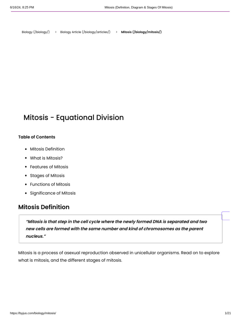 Mitosis: Definition and Stages Explained | PDF | Mitosis | Chromosome