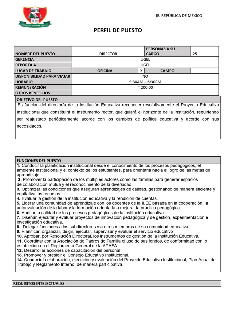 Formato de Perfil de Puesto | PDF | Enseñando | Maestros Formato de Perfil de Puesto | PDF | Enseñando | Maestros