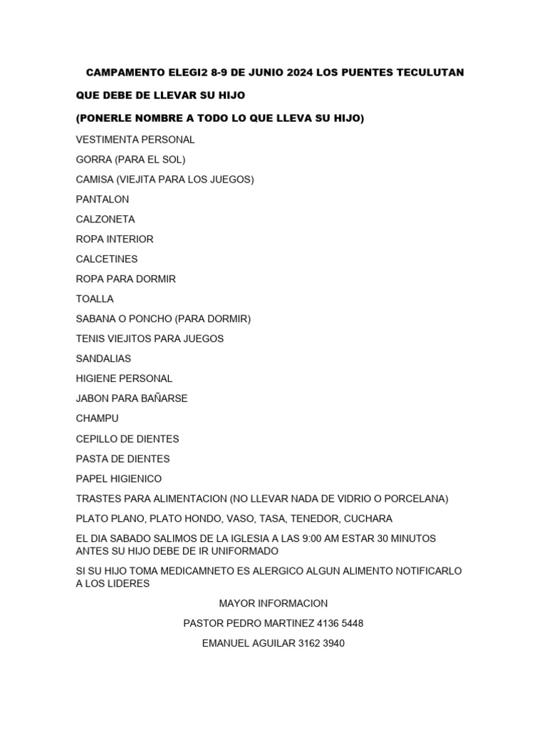 Indumentaria para Campamento | PDF