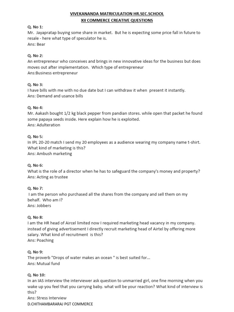 XII Creative questions-Answer | PDF | Economies | Business