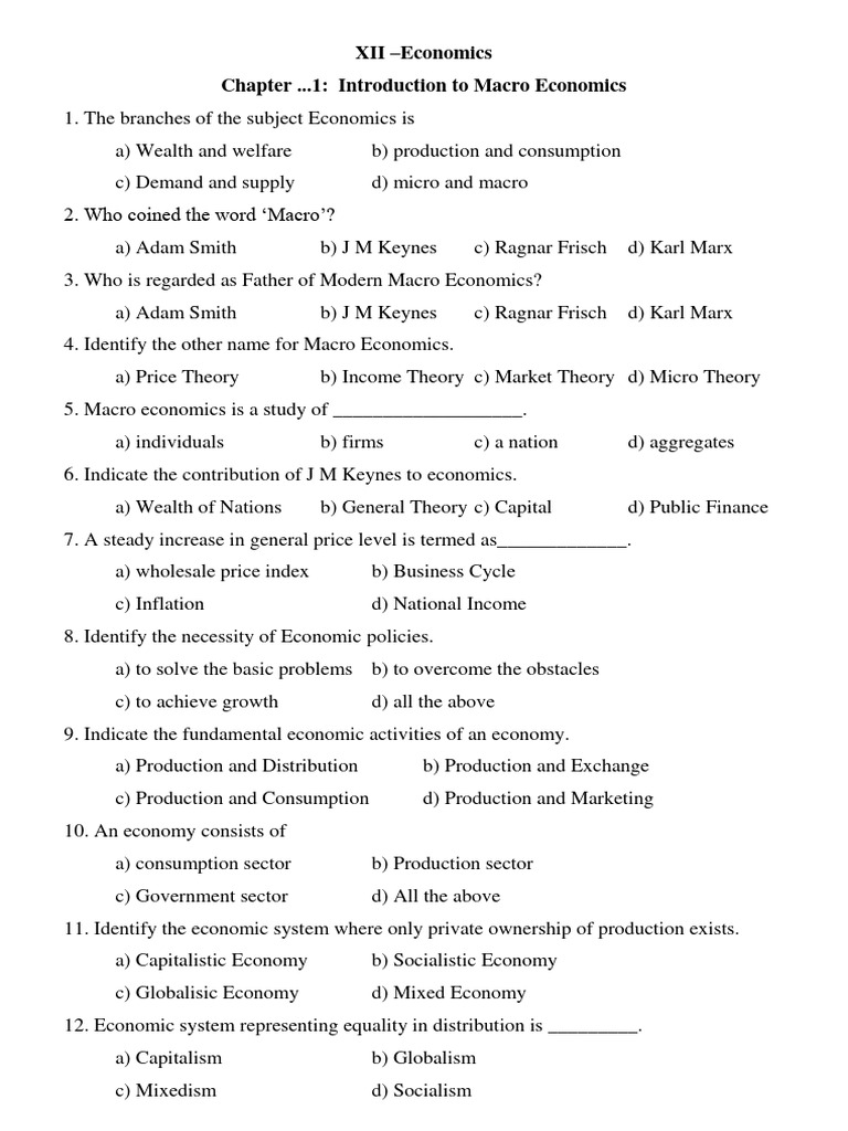 Multiple Choice Questions - XII ECO | PDF | Economics | Fiscal Multiplier