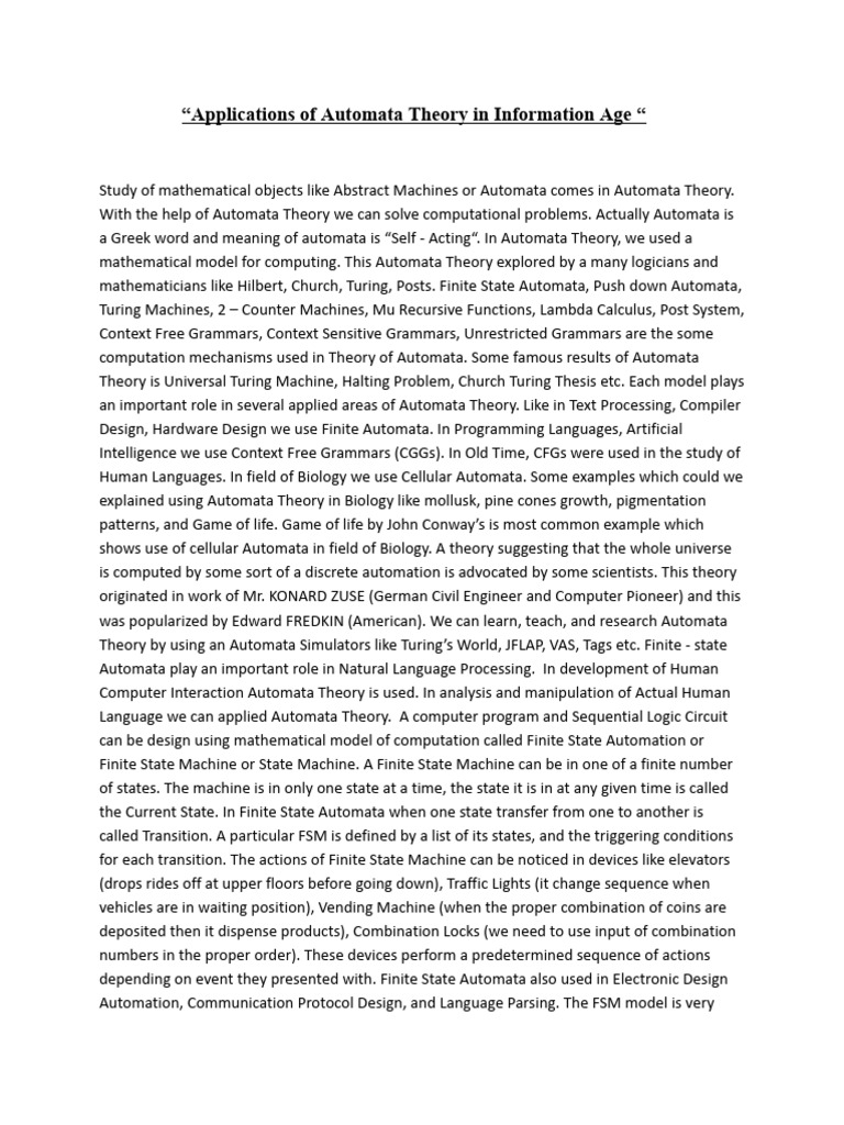 Assignment - 1 - Essay On Automata Theory | PDF | Automata Theory | Computer Science