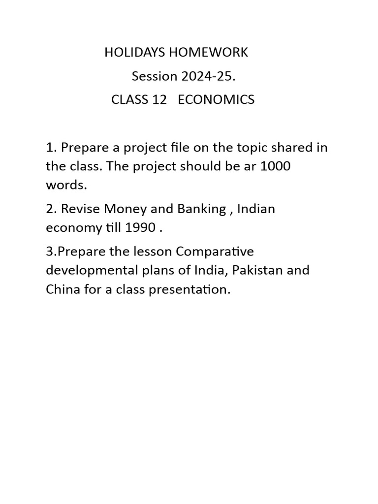 Holiday Homework for Class 12 Economics | PDF
