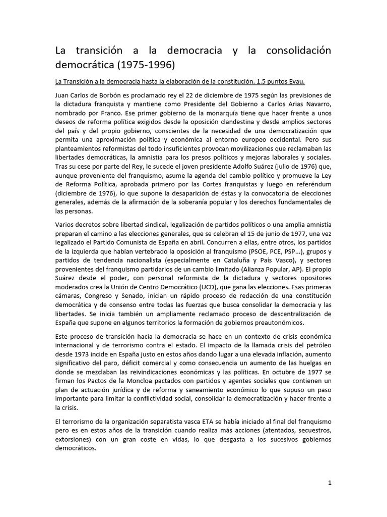 Transición y consolidación democrática en España | PDF | España ...