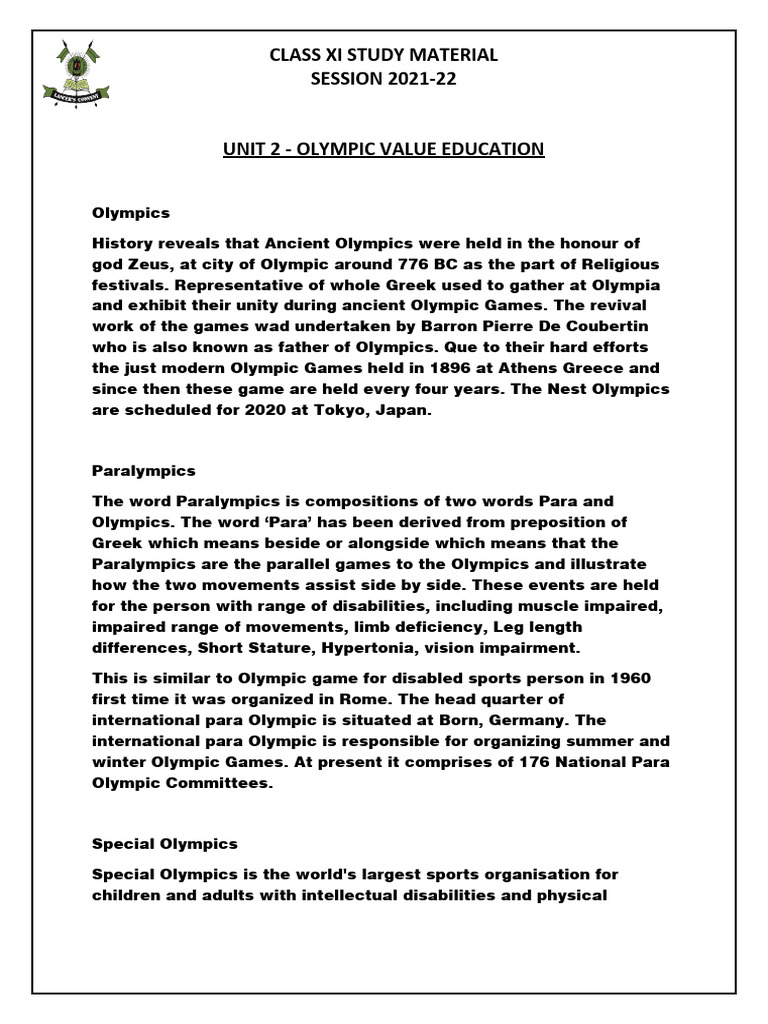 Physical Ed. Class XI Study Material (Chapter II - Olympic Value Education) | PDF | Summer ...