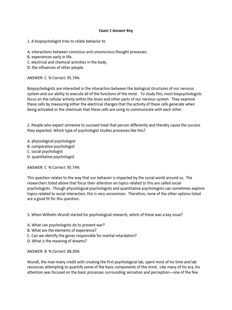 Exam 1 Answer Key 1 a Biopsychologist Tries to Relate Behavior to a ...