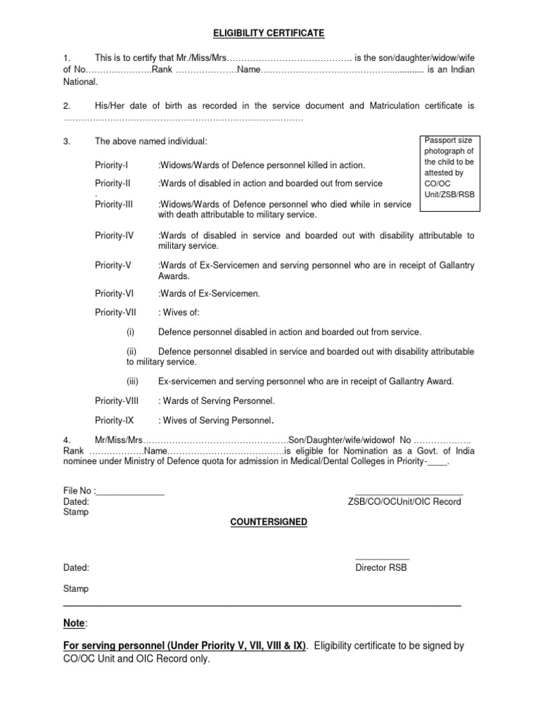 Eligibility Certificate for Defence Wards | PDF | Government And Personhood