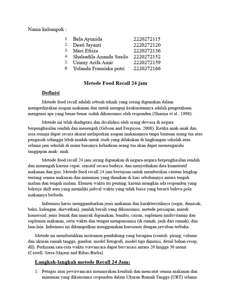 Kel 1 PSG (Metode Food Recall 24 Jam) | PDF