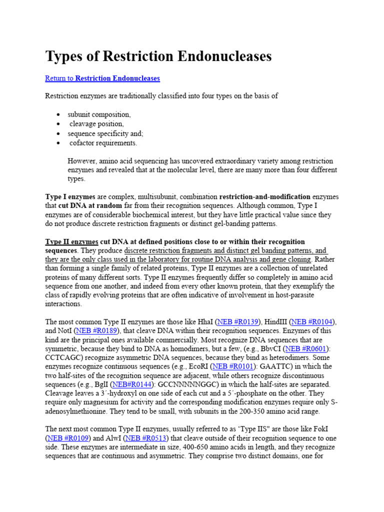 Types of Restriction Endonucleases | PDF | Plasmid | Molecular Cloning