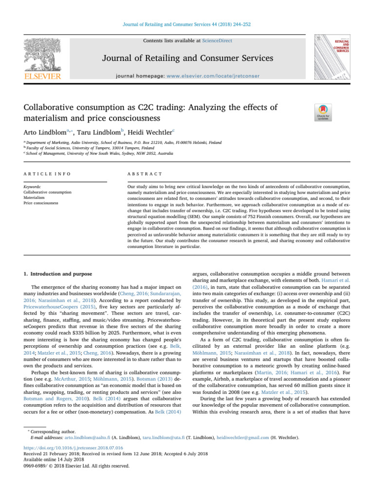 Collaborative Consumption As C2C Trading Analyzin - 2018 - Journal of ...