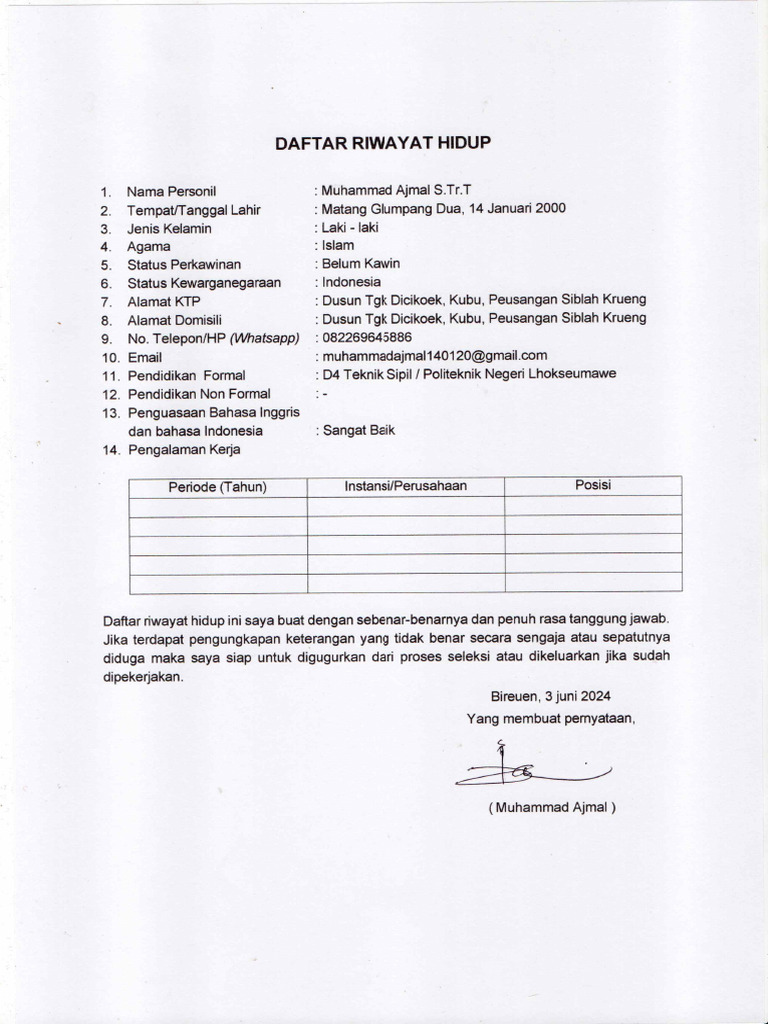 Daftar Riwayat Hidup Ajmal | PDF