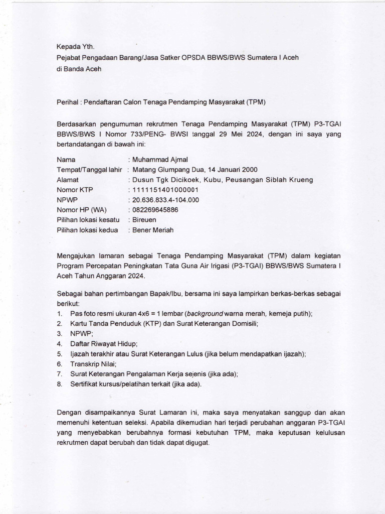 Surat Lamaran Ajmal | PDF