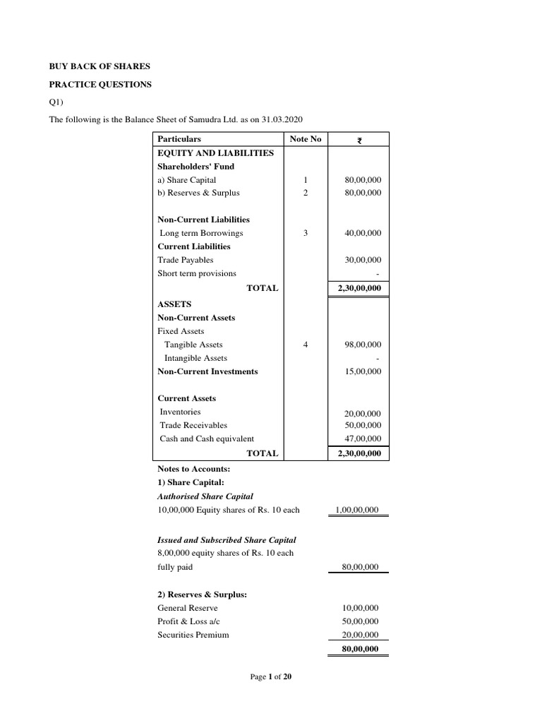 Buyback of Shares Practice Questions | PDF | Equity (Finance) | Share ...