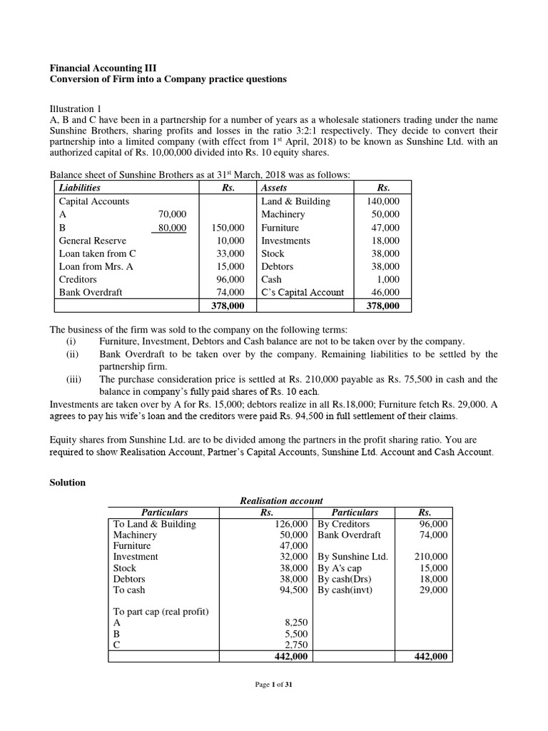 Conversion of Firm Into A Company Practice Questions 2023-24 | PDF ...