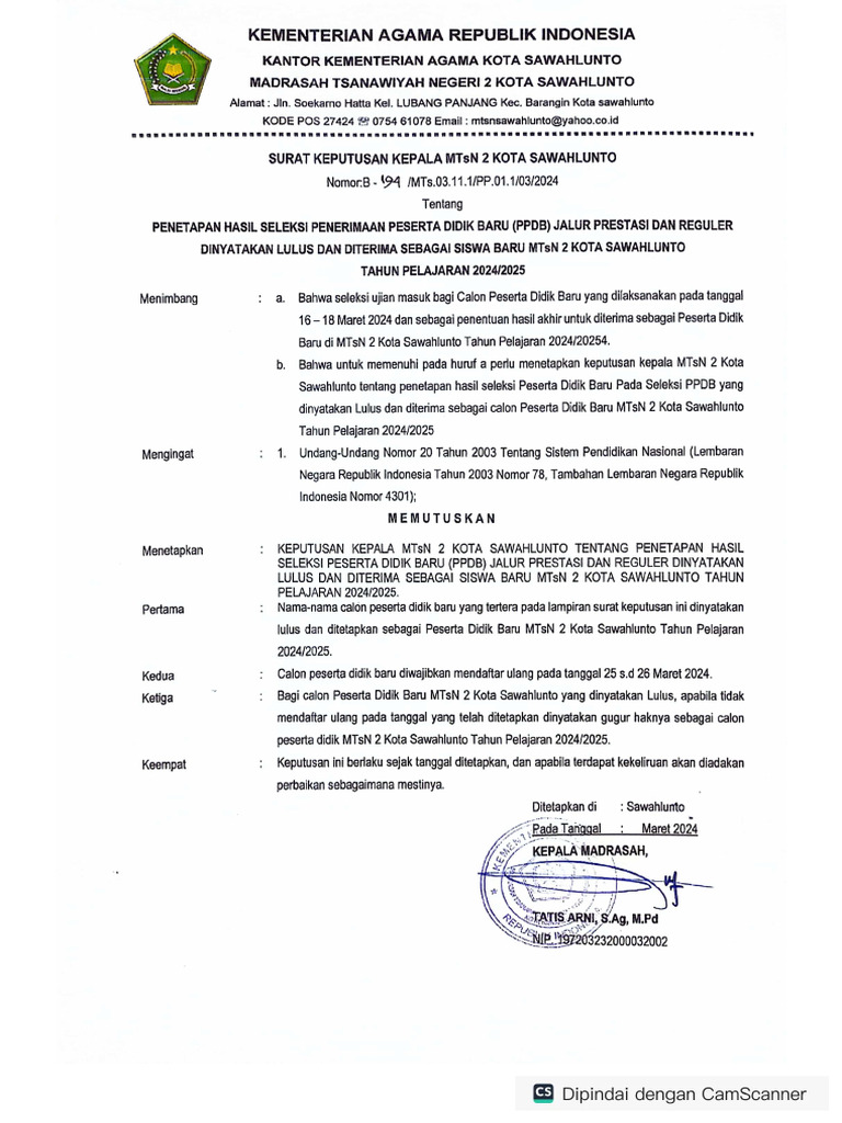 PENGUMUMAN PPDB MTSN 2 Kota Sawahlunto JALUR PRESTASI DAN REGULER TP.20242025 | PDF