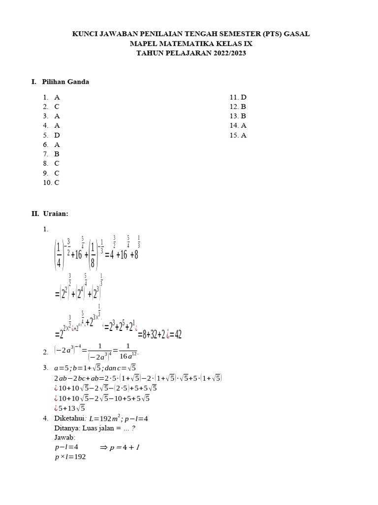 Kunci PTS Matematika Kelas 9 | PDF