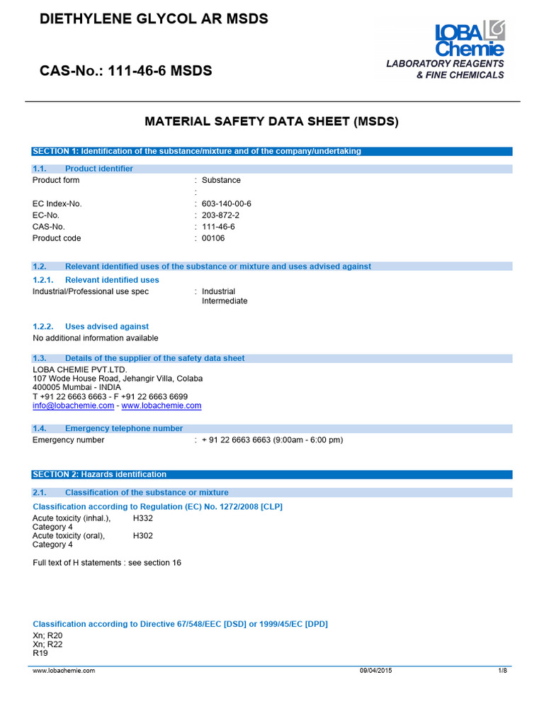 MSDS DIETHYLENE GLYCOL CASNO 111 46 00106 EN - Aspx | PDF | Dangerous ...