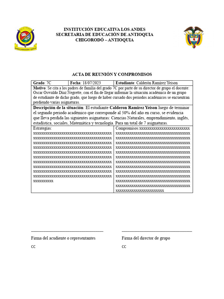 Acta 001 De Compromisos 7c | Pdf