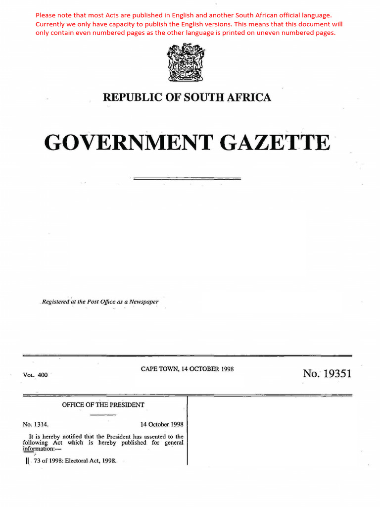 Act 73 of 1998 | PDF | Political Law | Ethically Disputed Political ...