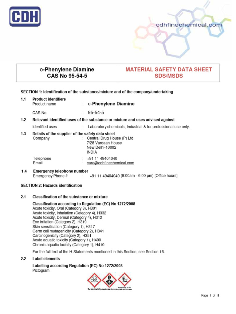 37 - 256375883 - o PhenyleneDiamine CASNO 95 54 5 MSDS | PDF | Toxicity ...