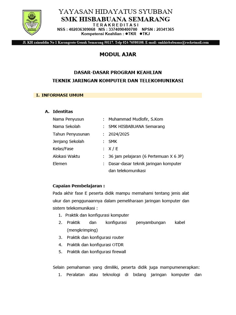 MODUL AJAR FASE-E Teknik Komputer Jaringan Dan Telekomunikasi | PDF