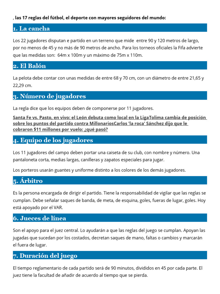 Las 17 Reglas Del Fútbol | PDF | Asociación de Futbol | Reglas y regulaciones deportivas