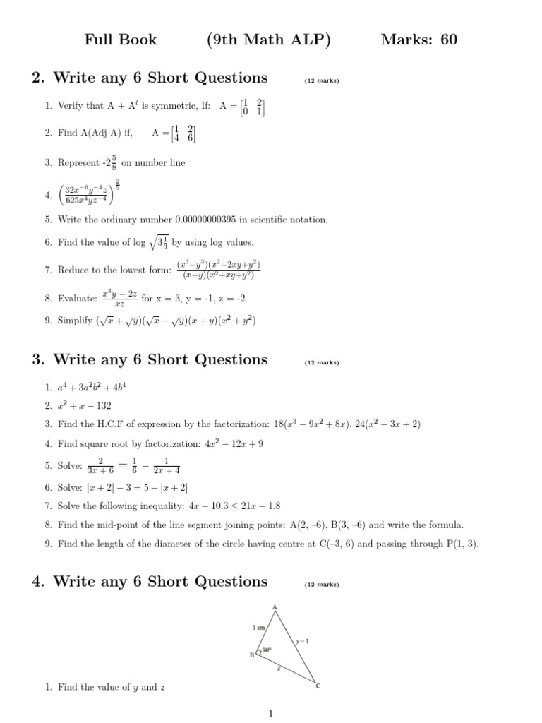 9th Grade Math Short Questions | PDF | Area | Mathematical Concepts