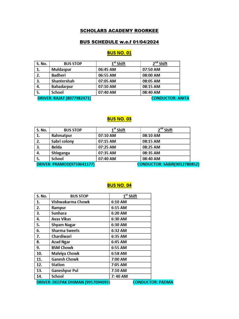 SAR_BUS SCHEDULE_2024-25 | PDF