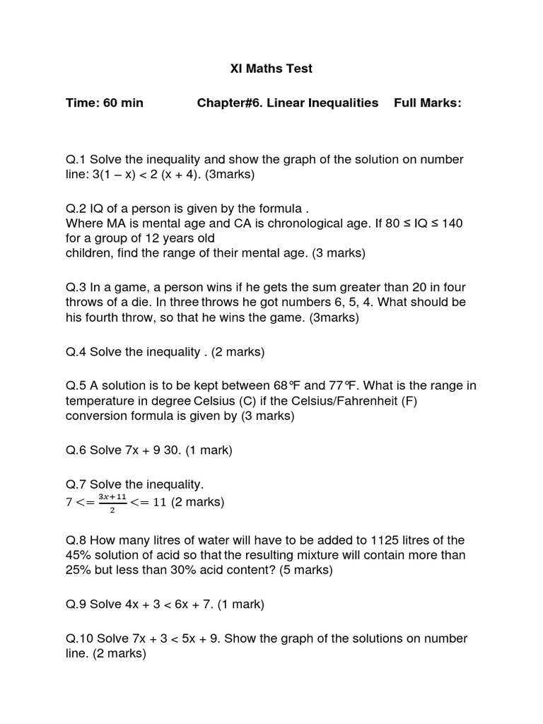 Class 11 Linear Inequalities Test | PDF | Inequality (Mathematics ...
