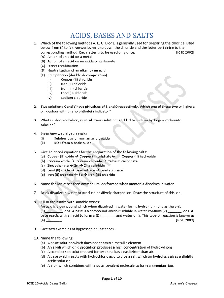 ICSE 10 -Chapter 3A- Acids, Bases and Salts | PDF | Acid | Salt (Chemistry)
