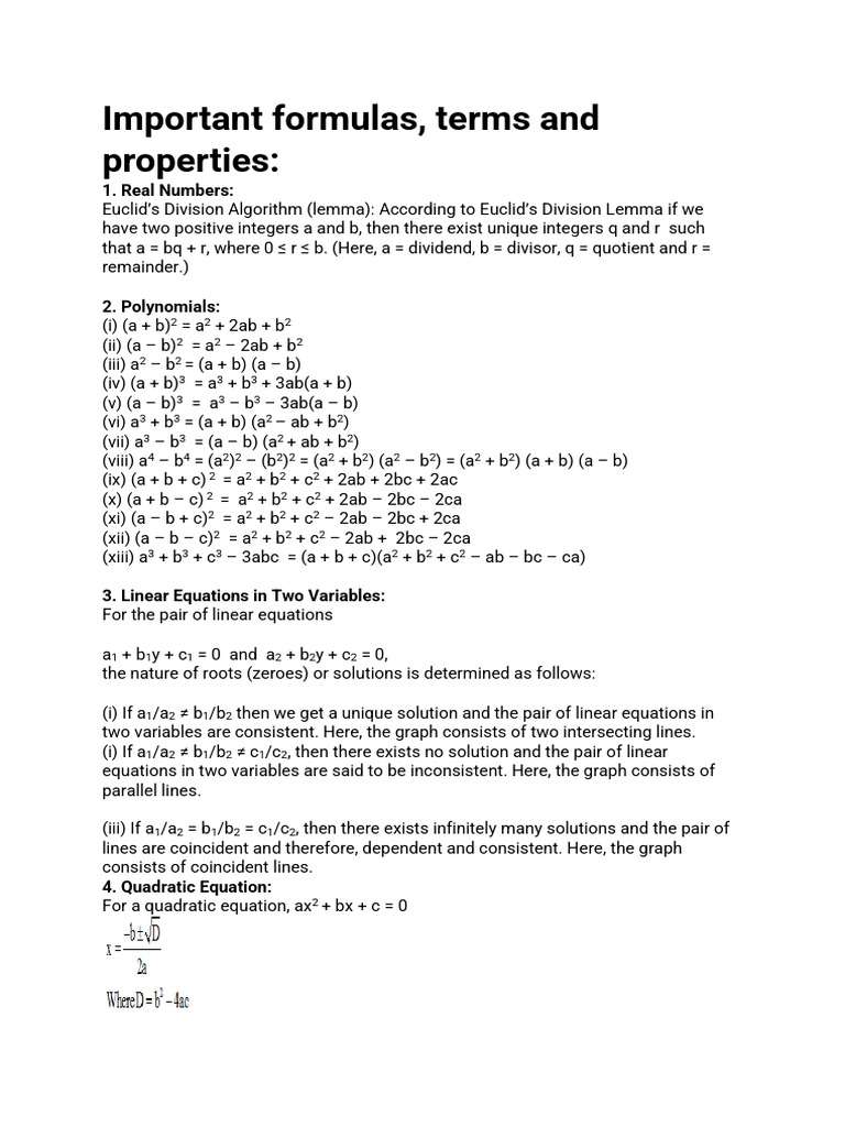 Important Formulas | PDF | Quadratic Equation | Equations