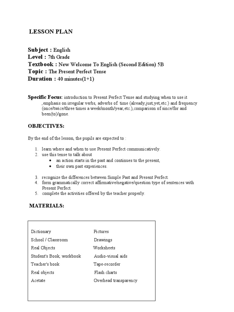 Lesson Plan Subject: Level: Textbook: Topic: Duration | PDF | Lesson ...