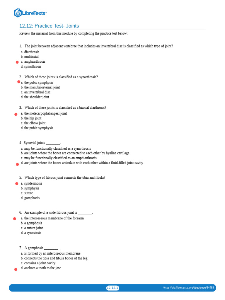Joints Practice Test Questions | PDF | Anatomical Terms Of Motion | Knee